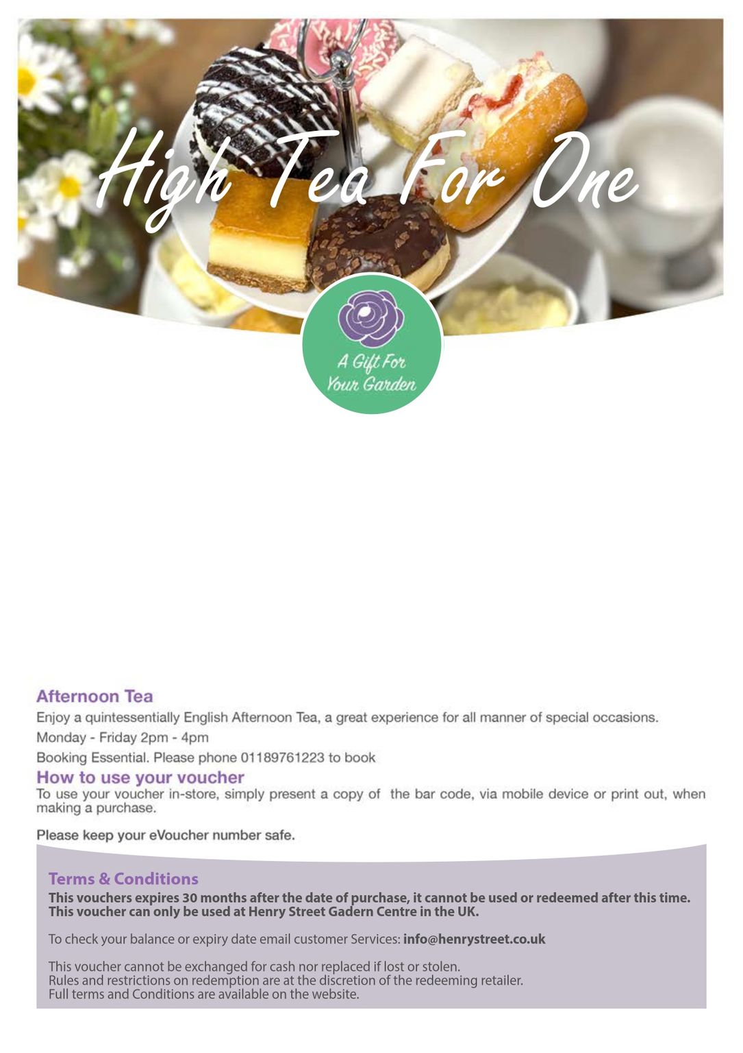 HS Afternoon High Tea for 1 e-voucher - Henry Street Garden Centre